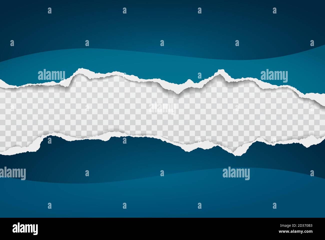 Pieces of torn, ripped blue wavy paper with soft shadow are on white ...