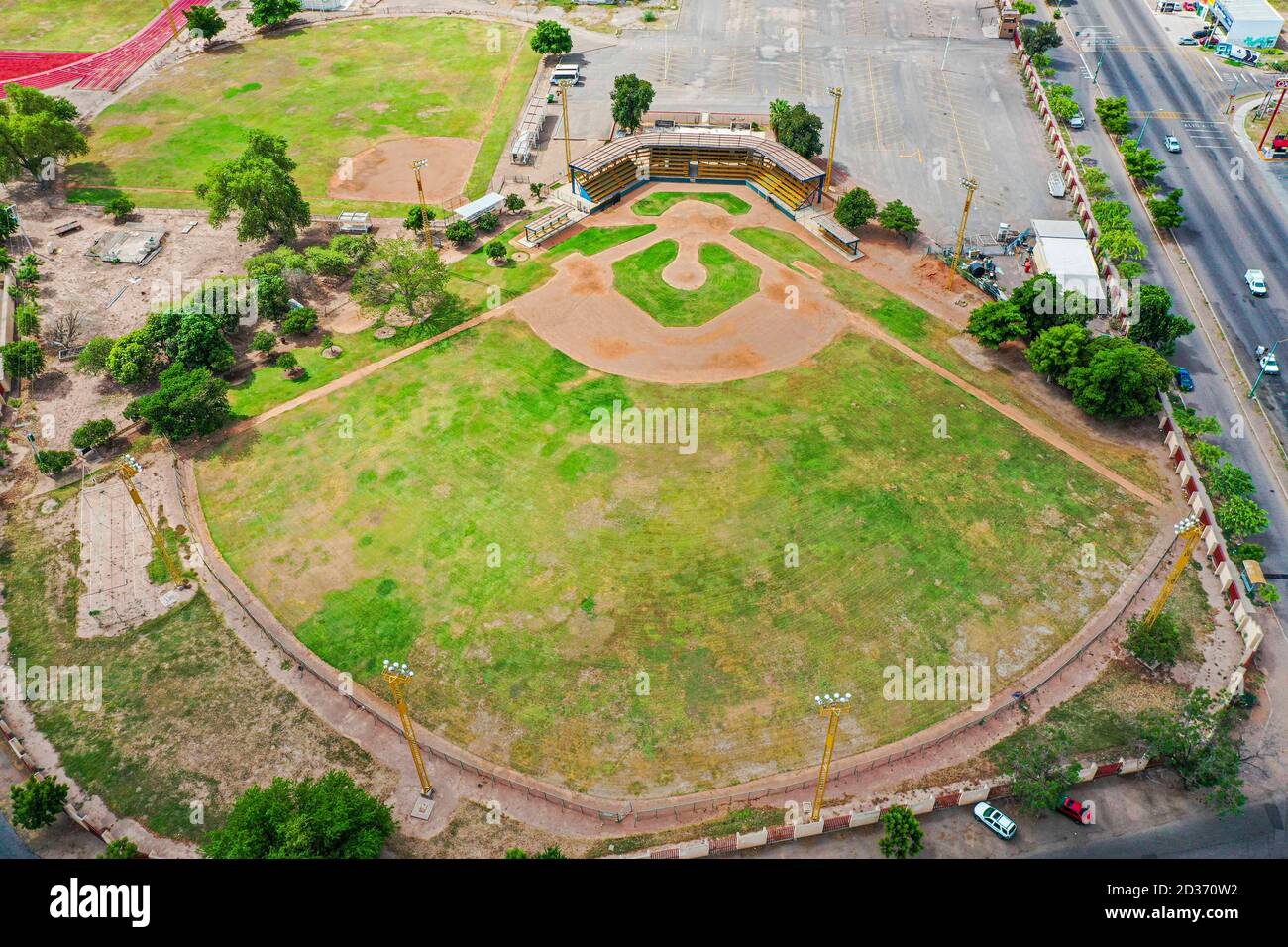 Aerial view of the Náinari Lagoon and sports village, sports fields in ...