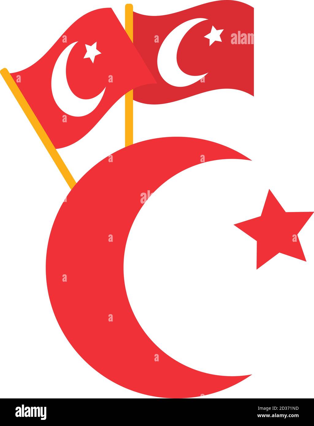 crescent moon with turkey flags over white background, flat style ...
