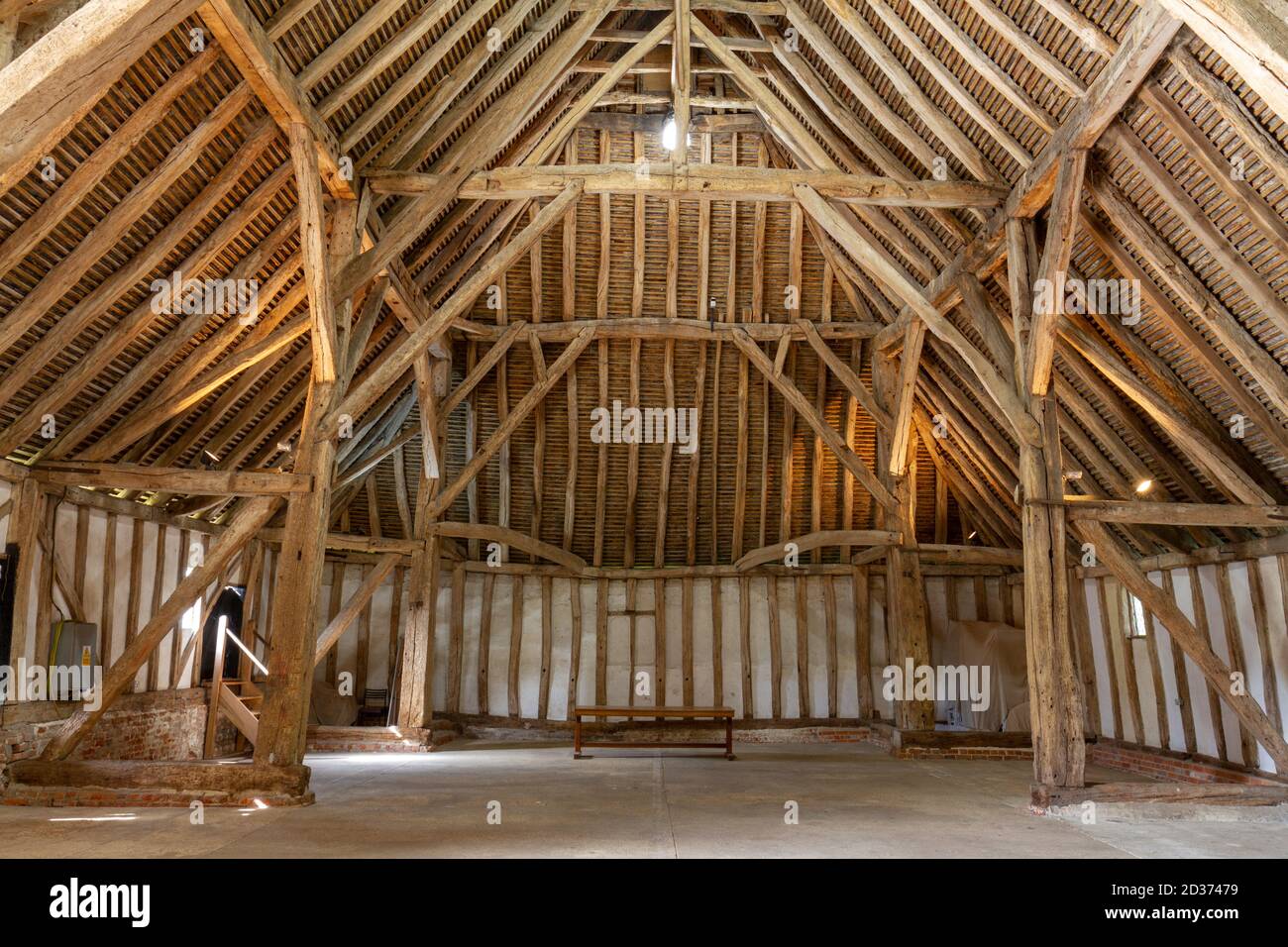 General view inside the Barley Barn, Cressing Temple Barns, an ancient ...