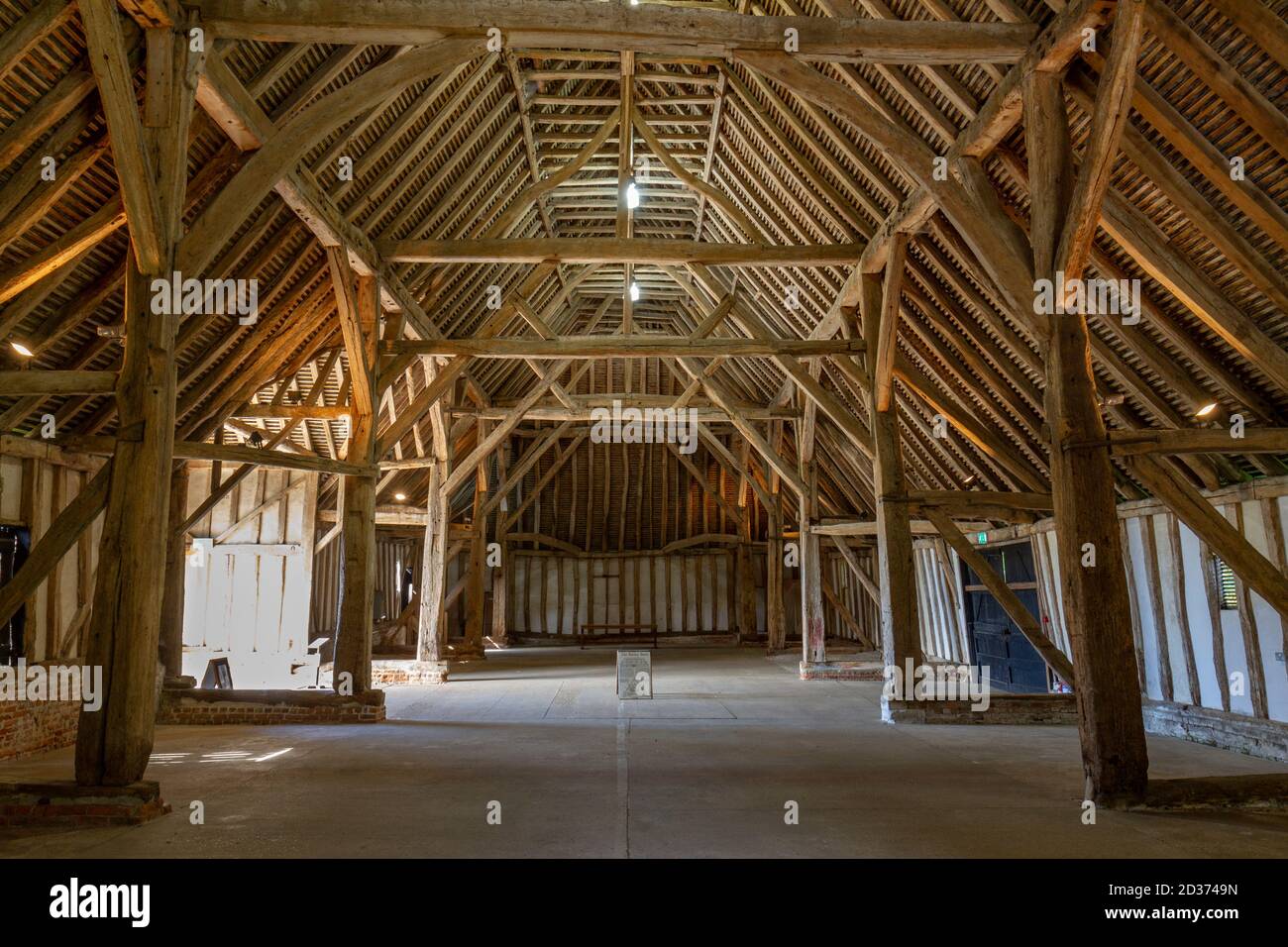 General view inside the Barley Barn, Cressing Temple Barns, an ancient ...