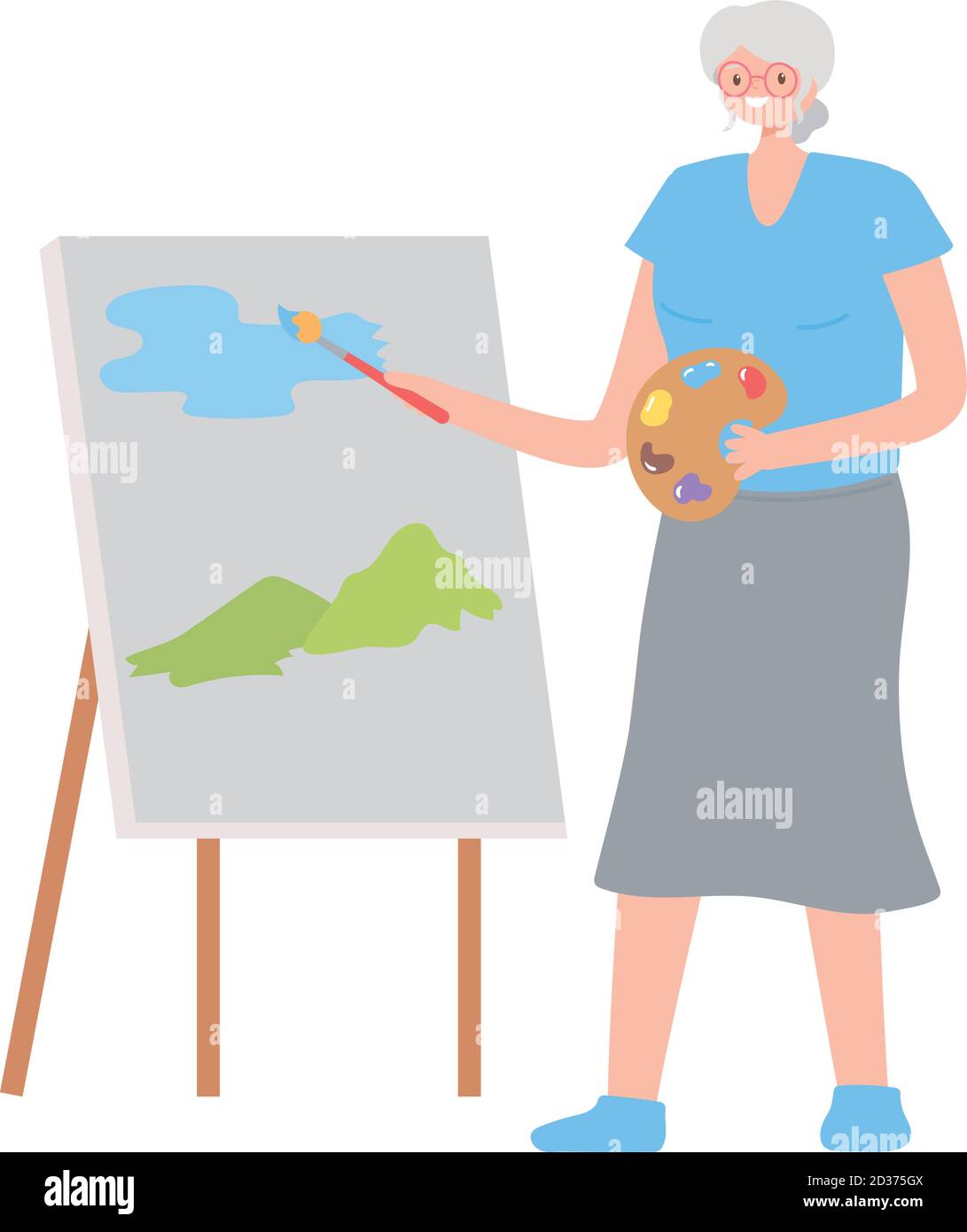 old woman with canvas and brush painting cartoon isolated design vector ...