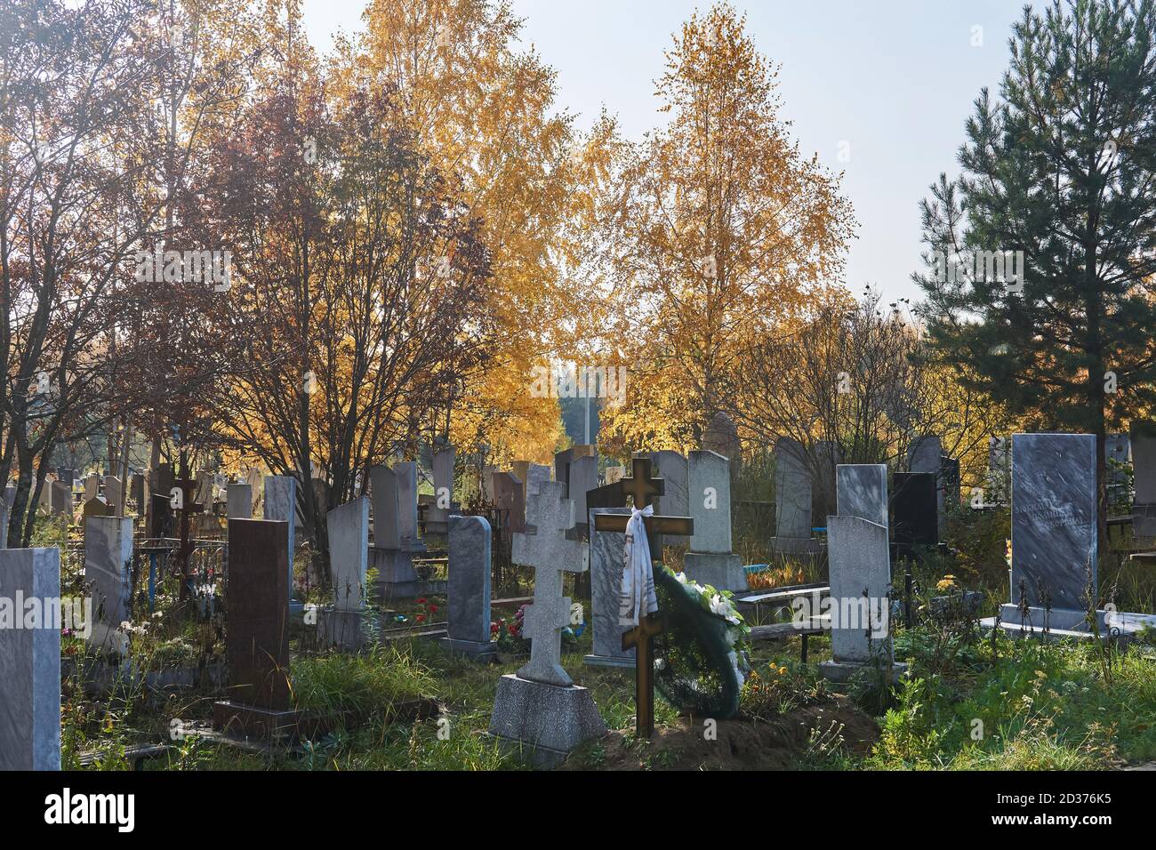 Perm, Russia - October 01, 2020: old autumn overgrown cemetery with a ...