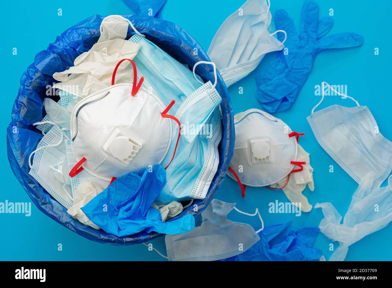 Used infectious masks and medical glove in the trash bin Stock Photo ...