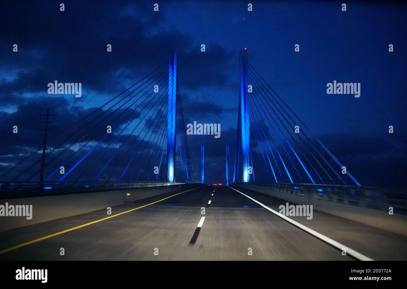 The blue lighted up structure of Indian River Bridge near Bethany Beach ...