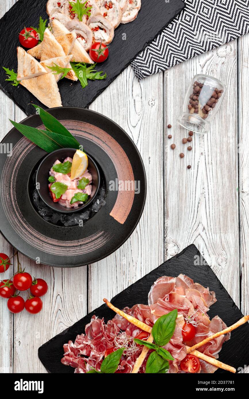 Top view of a cooked served dishes of restaurant's menu Stock Photo - Alamy