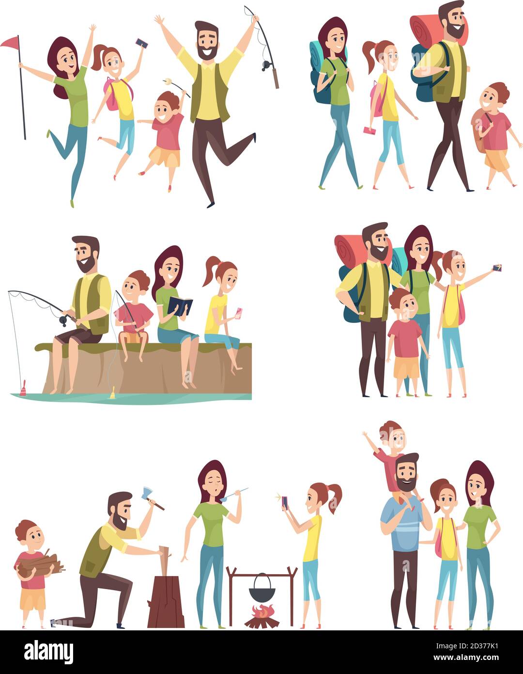 Family hiking. Couples with kids exploring travellers tourists happy adventure in mountains ...