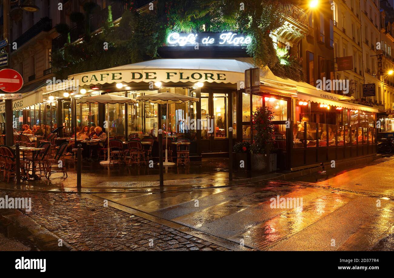 The cafe De Flore located at the corner of boulevard Saint Germain and ...
