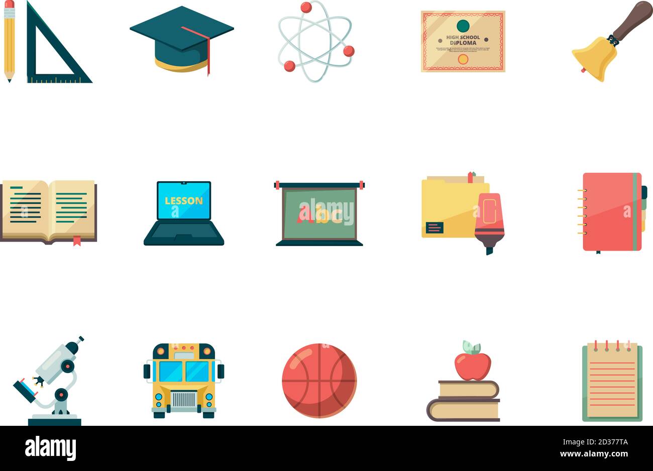 Education flat icon. School learning college books ball and bag vector ...
