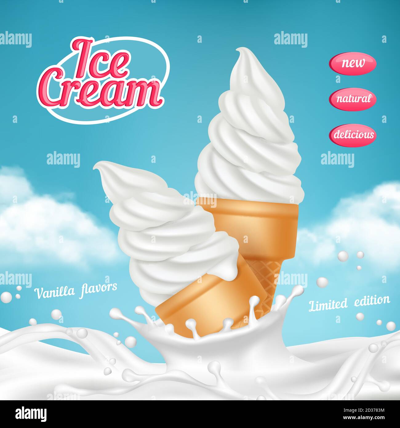 Ice cream ads. Natural frozen ice cream dessert with fruits vector ...