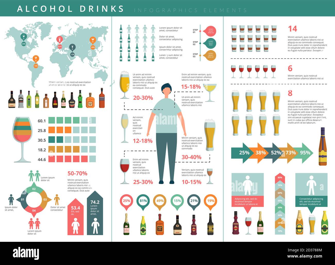 Drink infographic. Glass and alcohol drinks bottles business world info ...