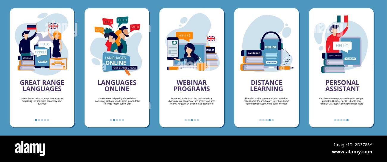 Onboarding screens. Language learning school online distance education web tutorials mobile app ...