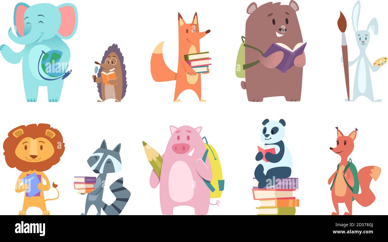 School animals. Funny zoo kids with backpacks and other school ...