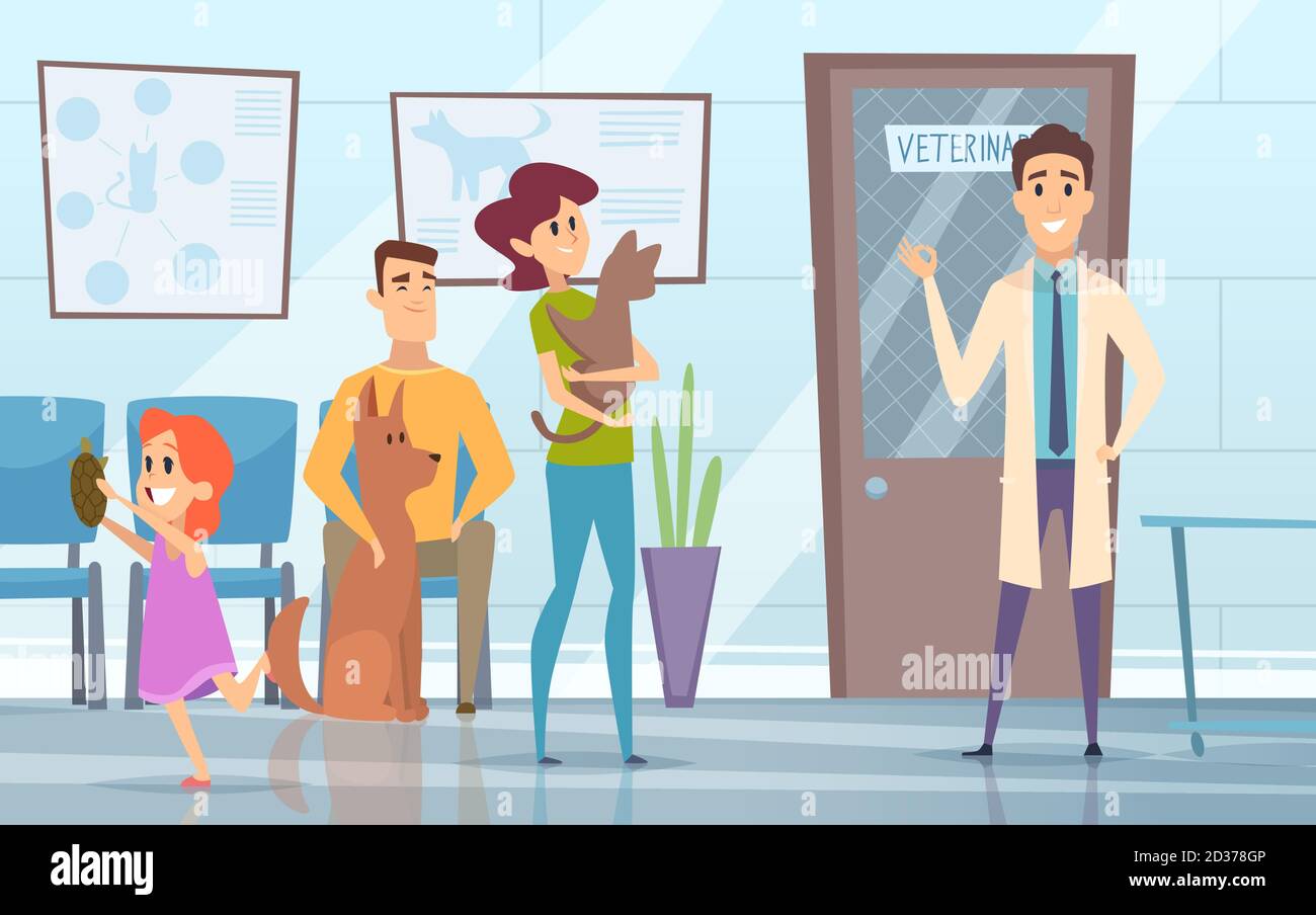 Professional veterinarian. Pets with their owners in reception at the ...