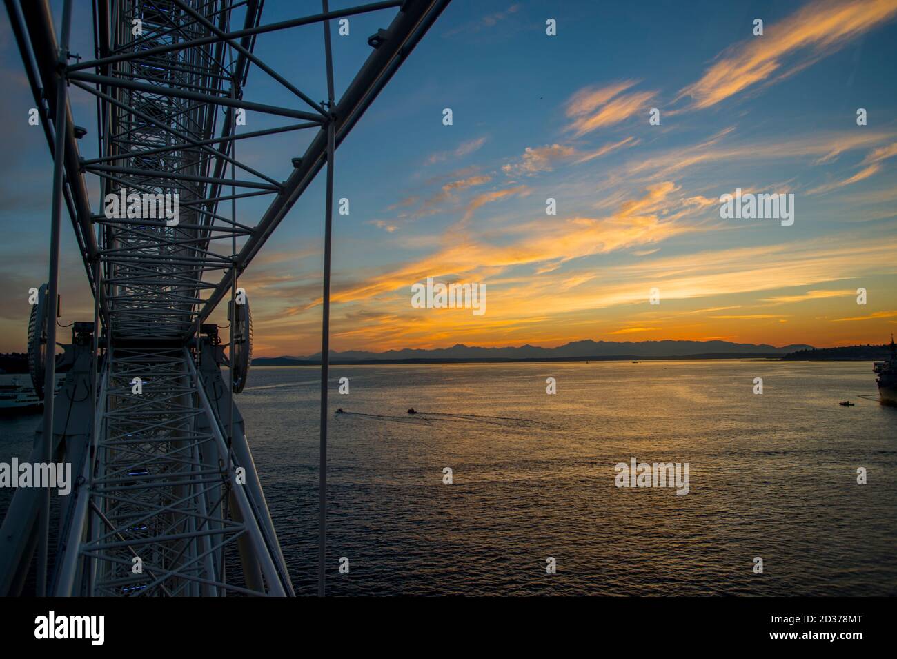 View of Puget Sound during sunset from gondola of the Great Wheel ...