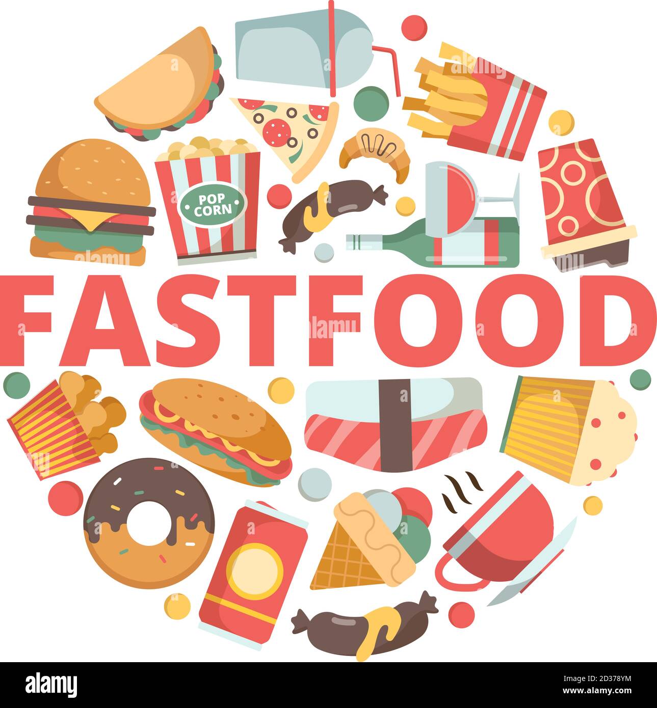 Fast food icons. Menu pictures in circle shape cold drink pizza burger ...