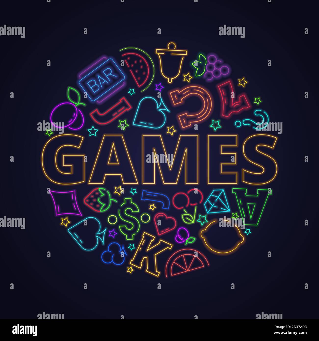 Casino neon symbols. Slot machine game light icon in circle shape ...