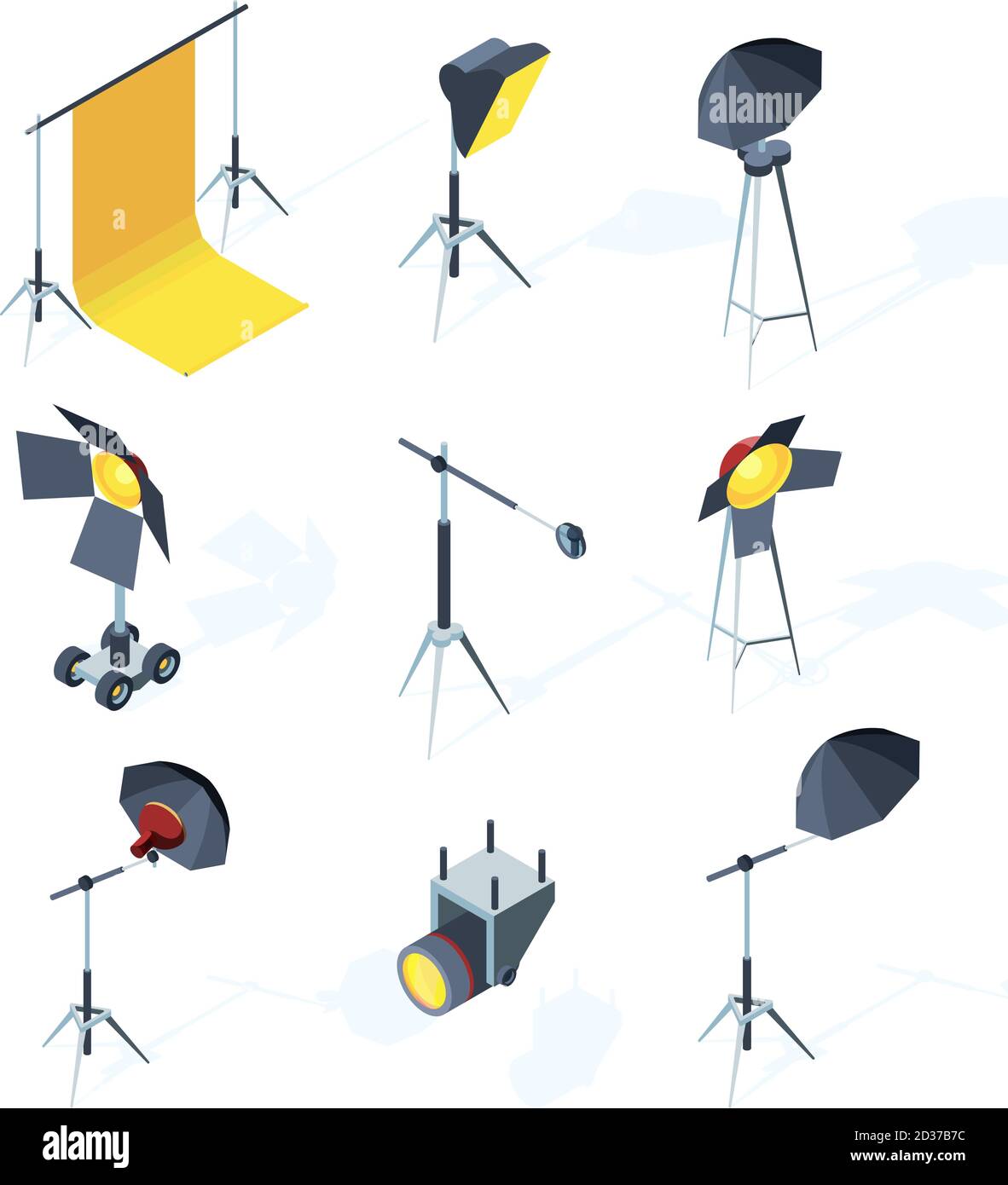 Studio equipment isometric. Photo or tv production tools spotlights ...
