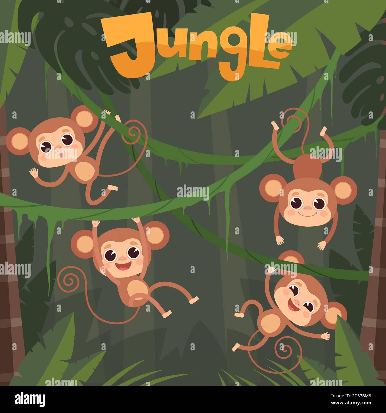Cartoon Monkeys Swinging On Trees
