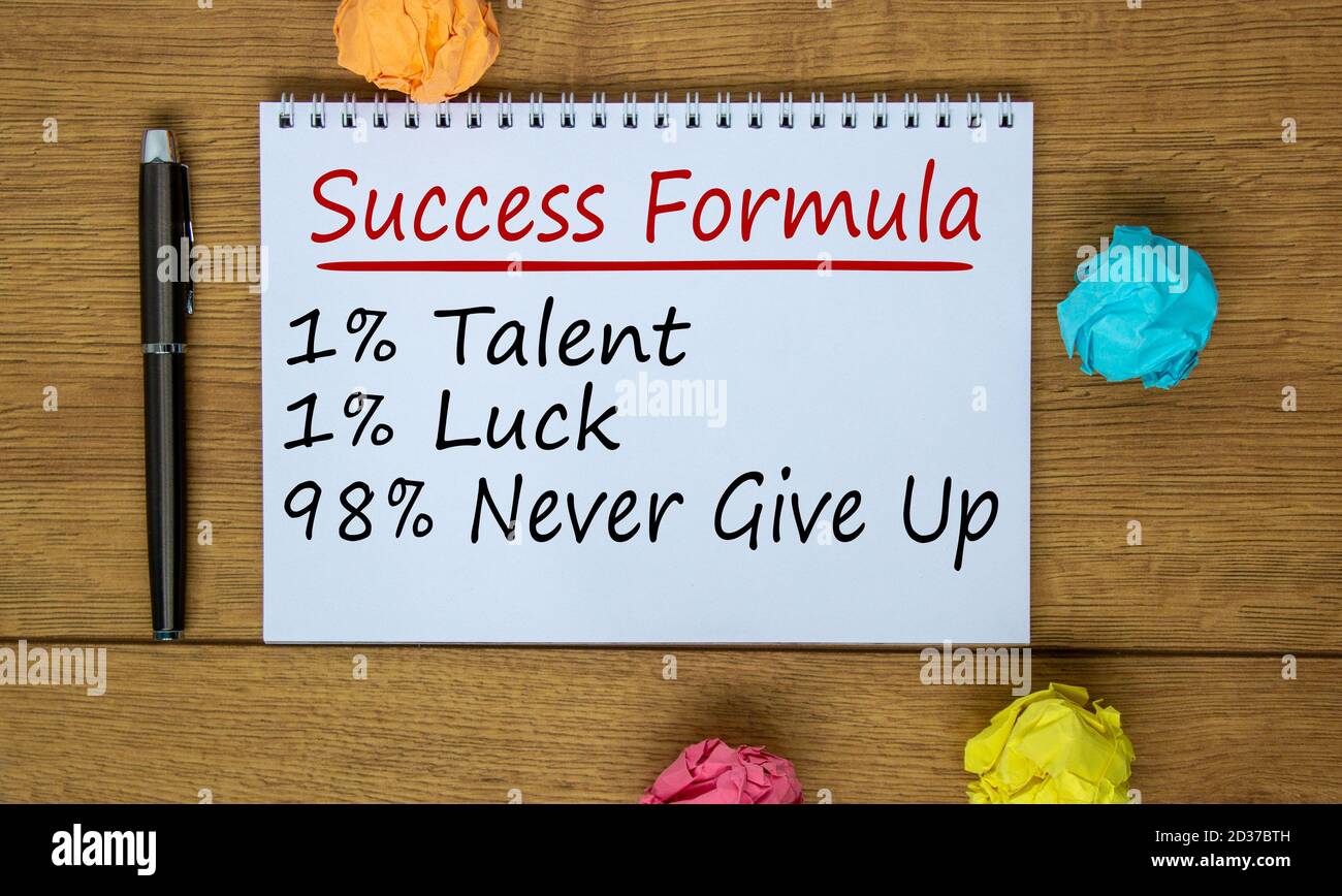 White note with inscription 'success formula, talent, luck, never give ...