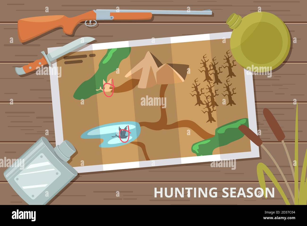 Hunting season vector background with map on wood table and hunting ...