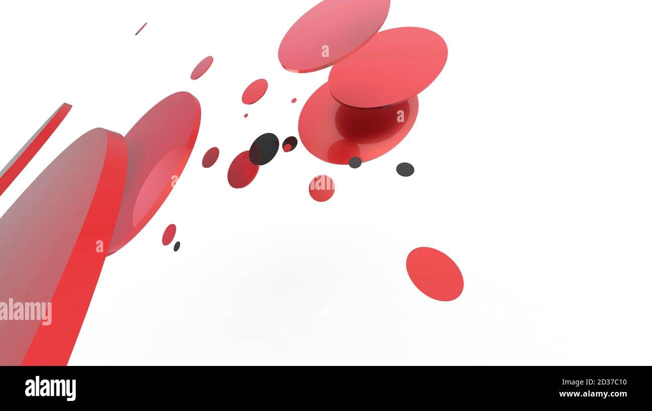 Red metal and opaque circles and cylinders on colored background ...