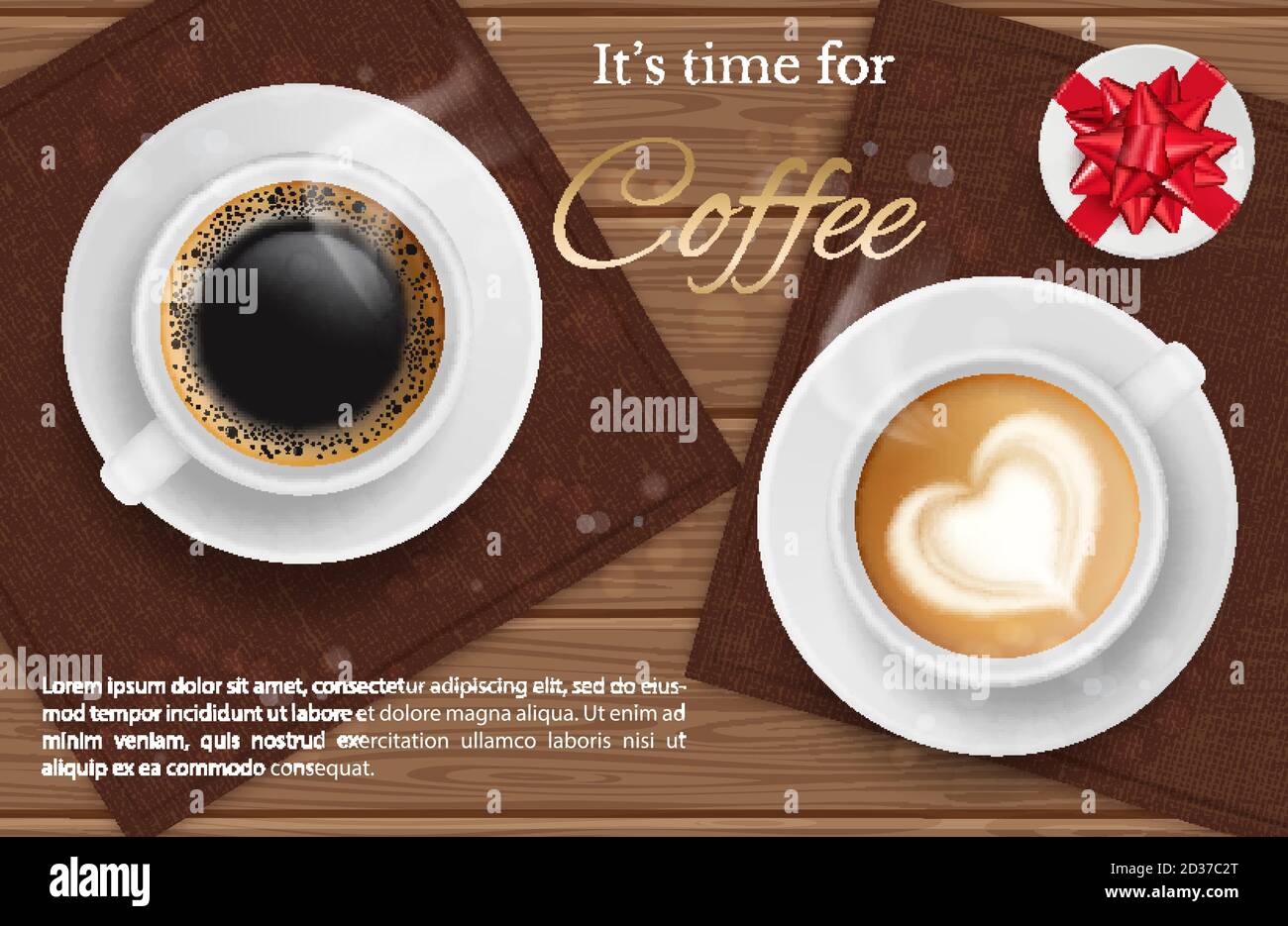 Coffee for two - vector realilstic coffee cup top view and present ...