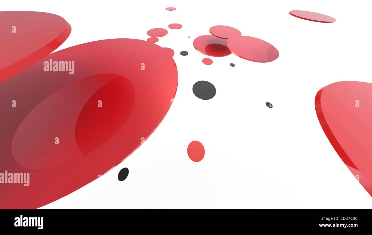 Red metal and opaque circles and cylinders on colored background ...