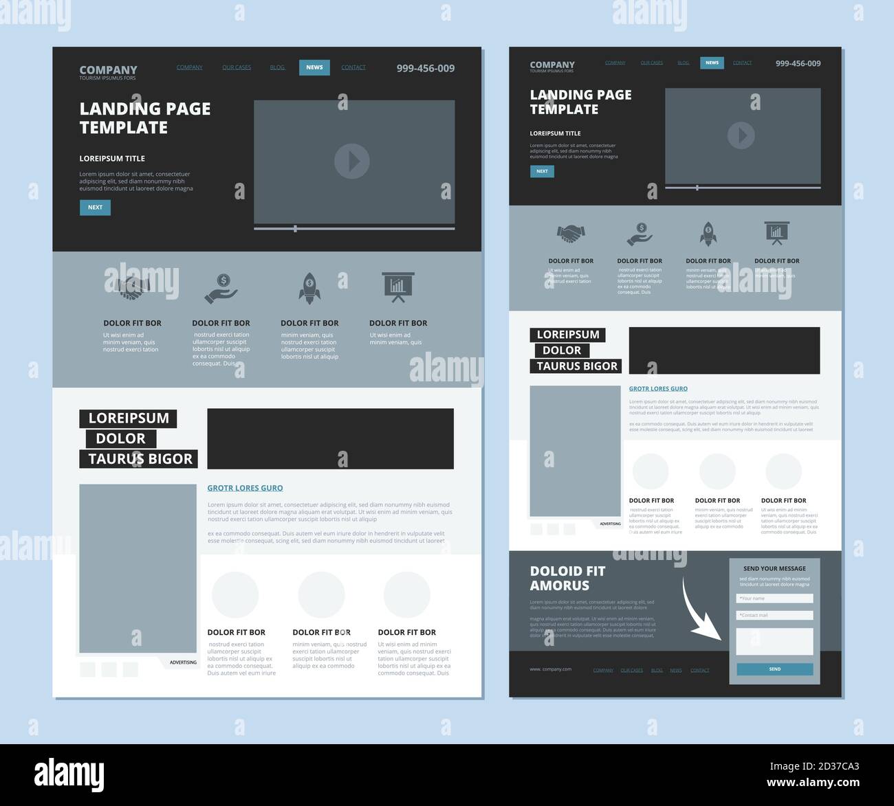 Landing wireframe. Internet web page ui template menu navigation video ...