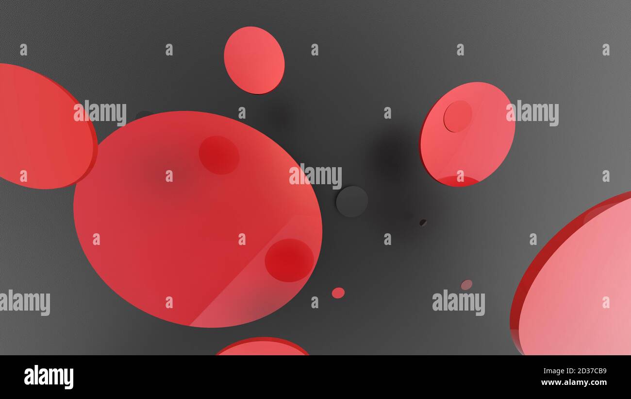 Red metal and opaque circles and cylinders on colored background ...