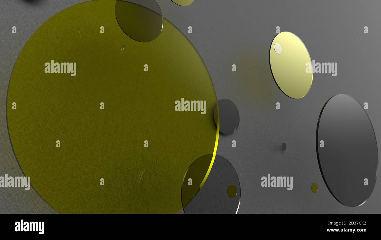 Yellow metal and opaque circles and cylinders on colored background ...