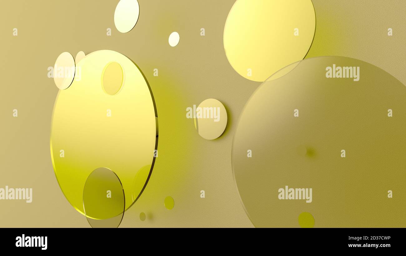 Yellow metal and opaque circles and cylinders on colored background ...