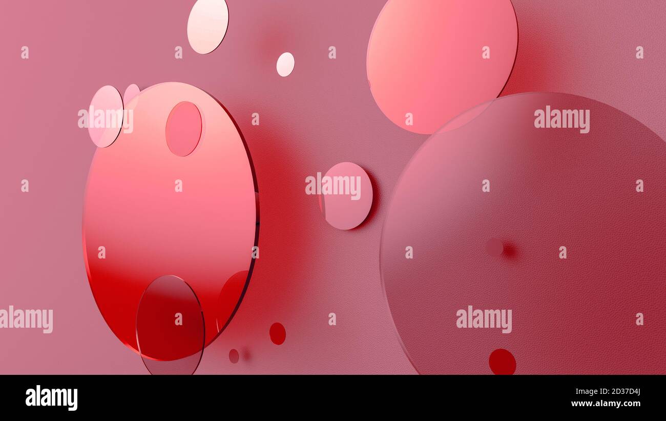 Red metal and opaque circles and cylinders on colored background ...