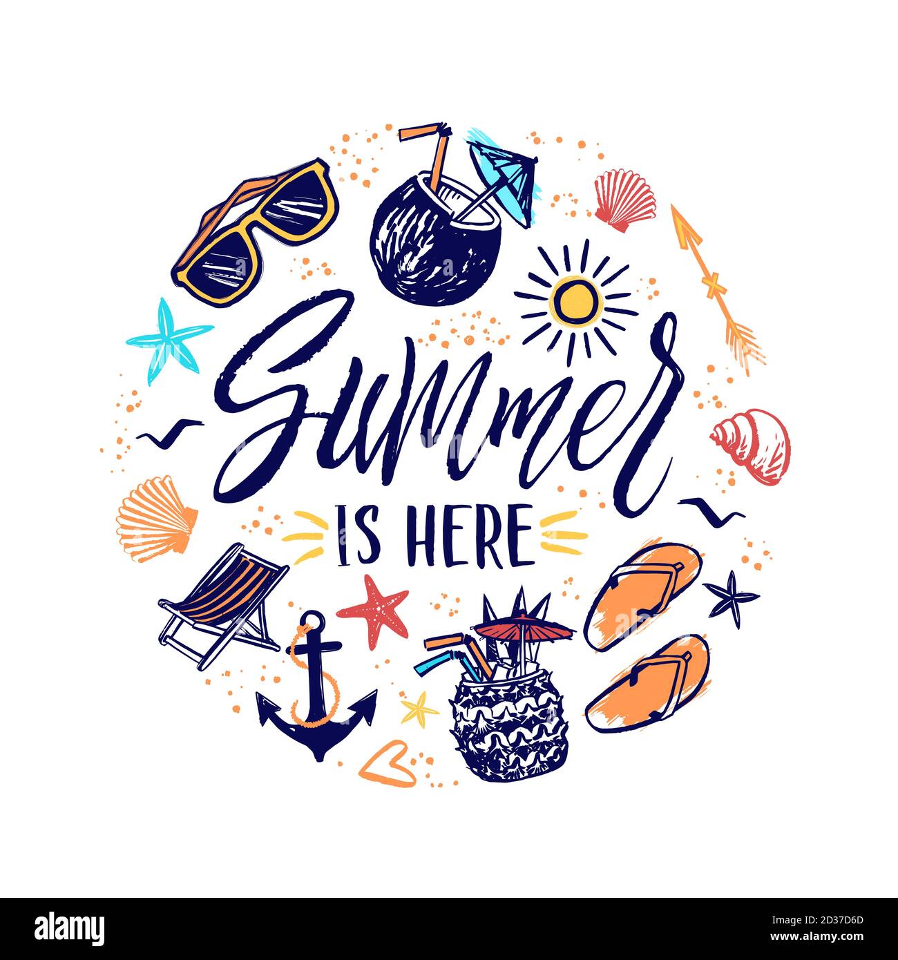 Summer is here hand drawn banner with sun, sunglasses, cocktails Stock ...