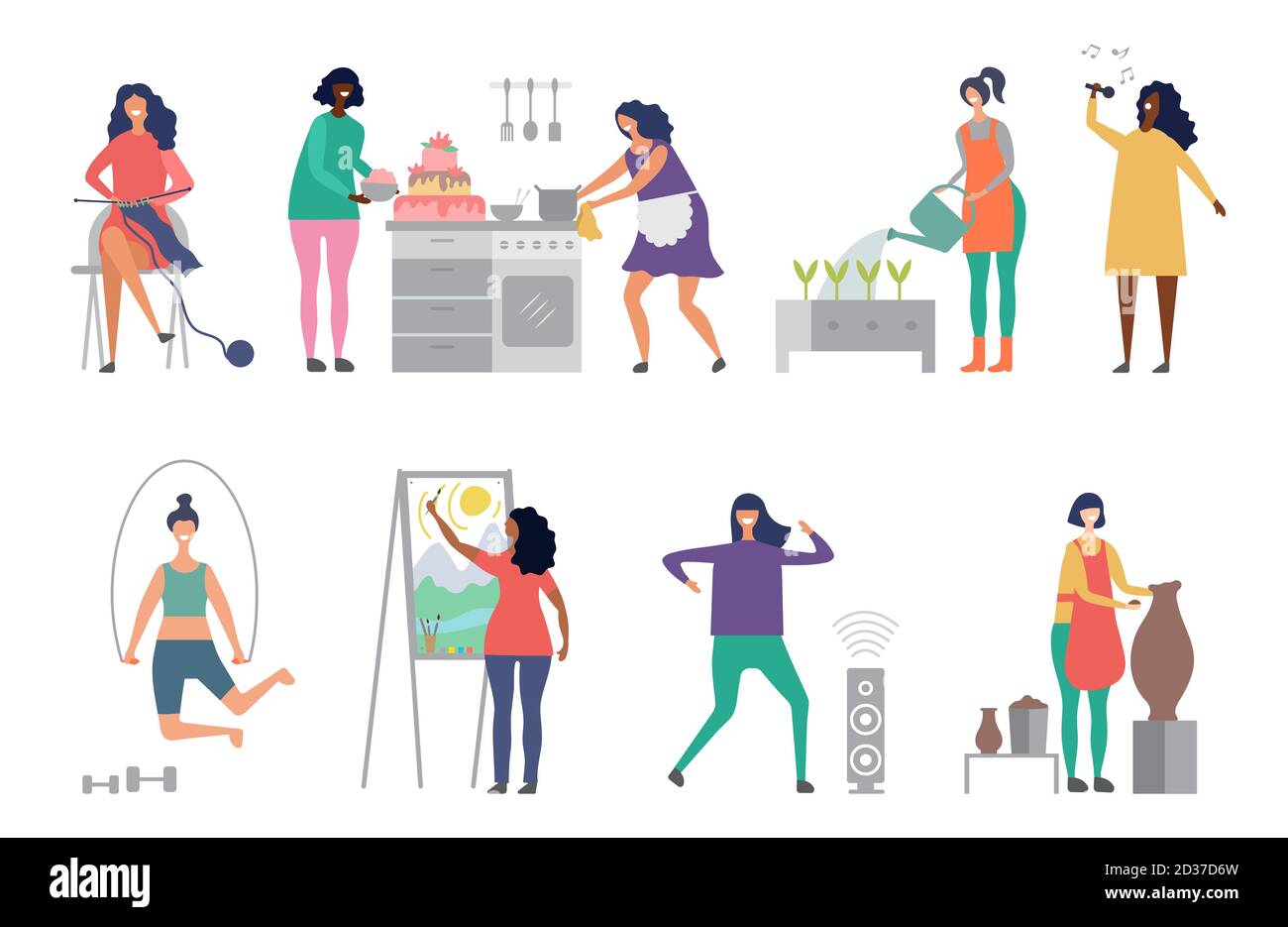 Female hobbies vector. Artist, singer, potter woman characters vector ...