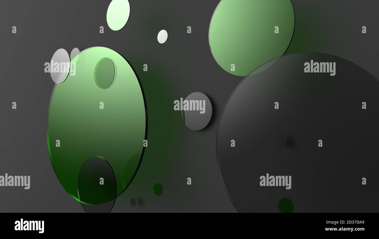 Green metal and opaque circles and cylinders on colored background ...