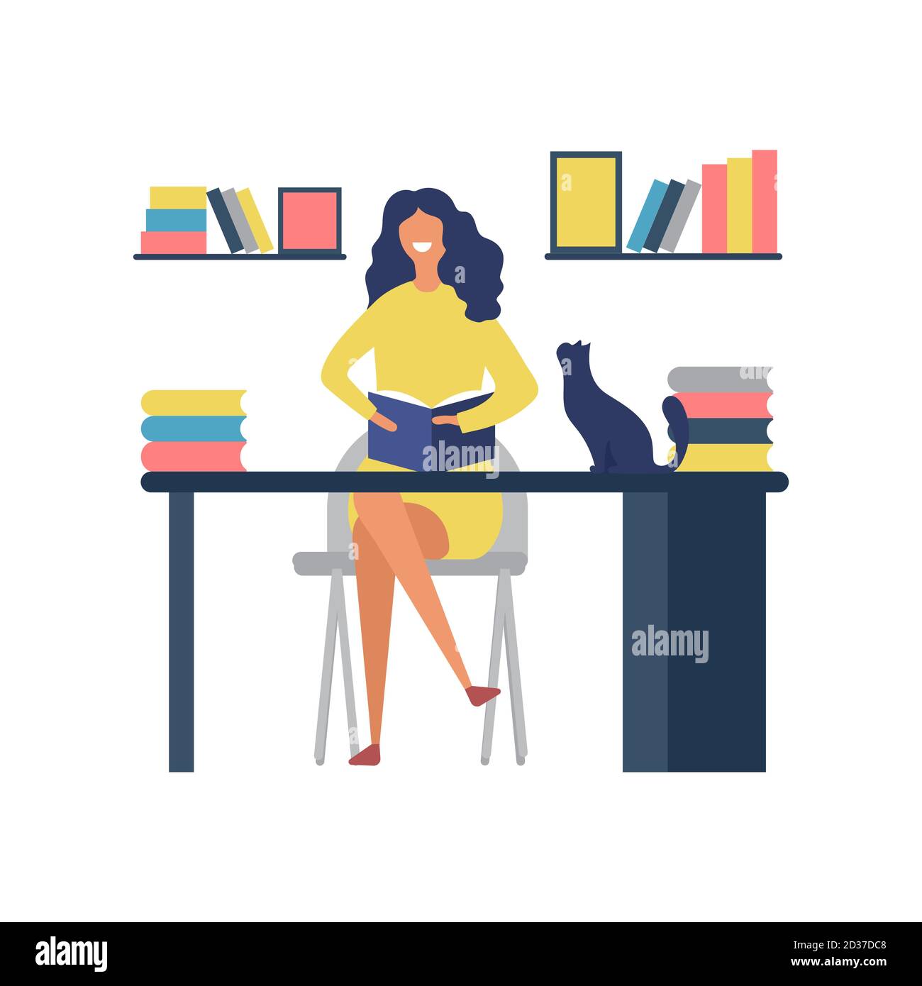 Reading book hobbies. Woman sitting at table and reading magazine ...