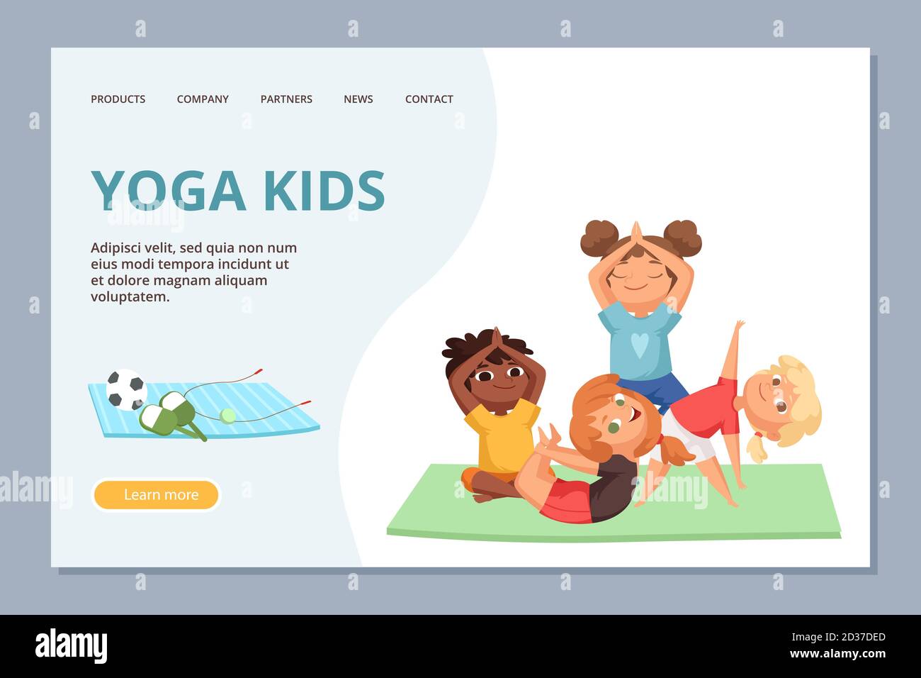 Yoga kigs characters. Kids sport and yoga training vector landing page ...