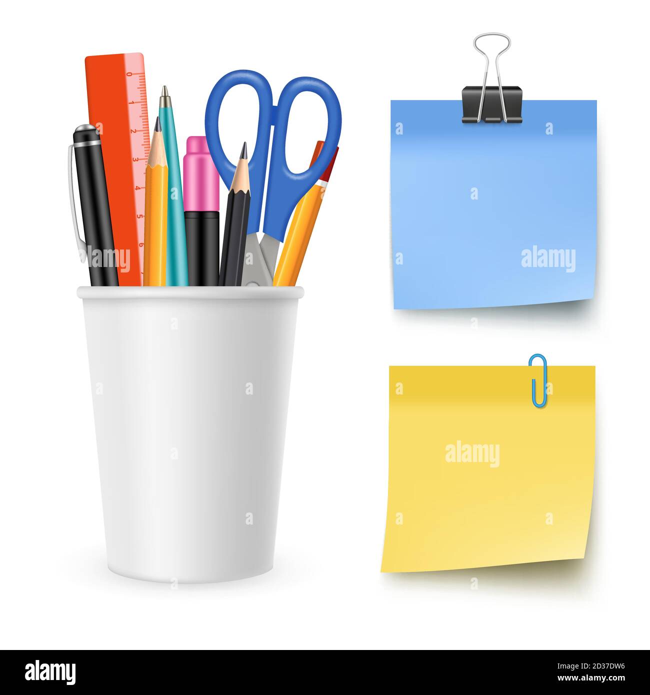 Realistic vector stationery collection. Pencil, pen, scissors, note ...