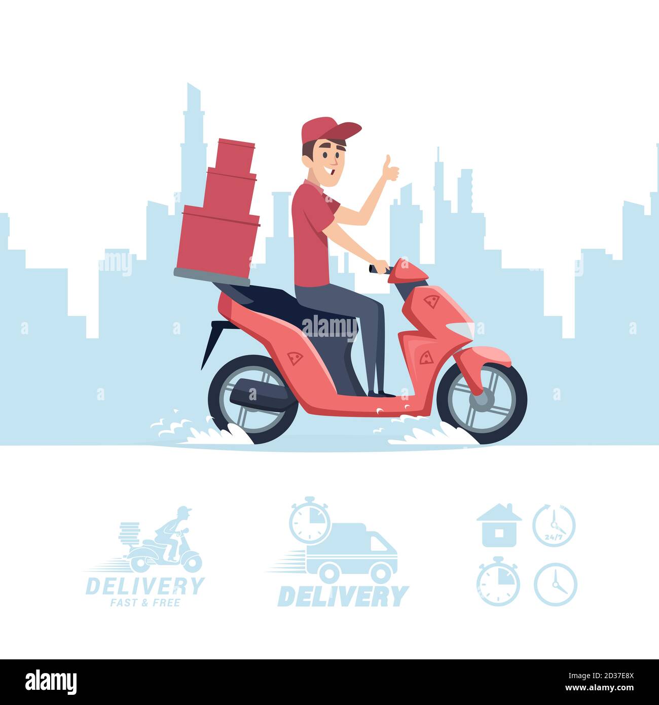 Delivery man cartoon. Vector delivery man on scooter and flat icons ...