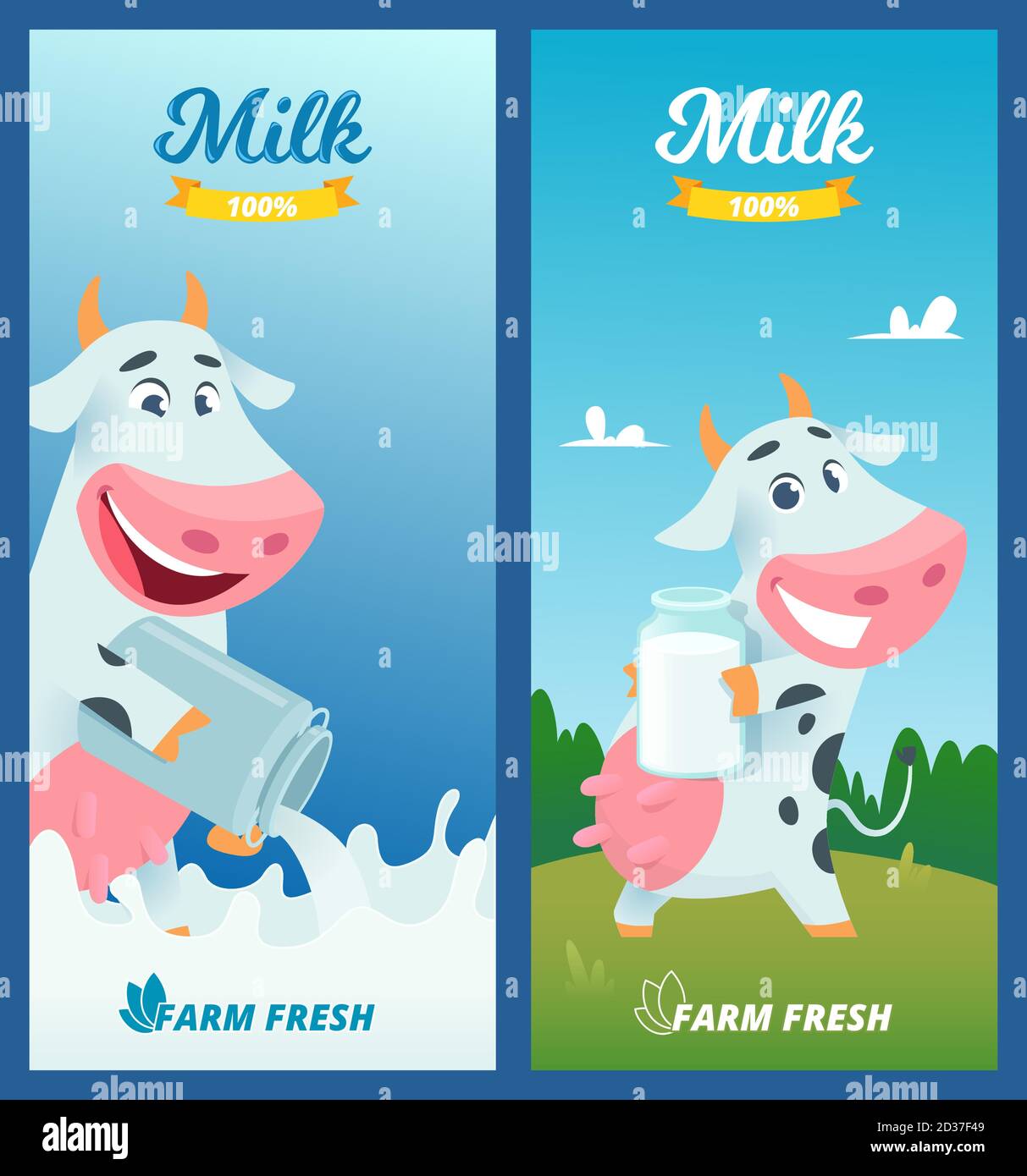 Milk banners. Cartoon funny cow advertising illustration with farm ...
