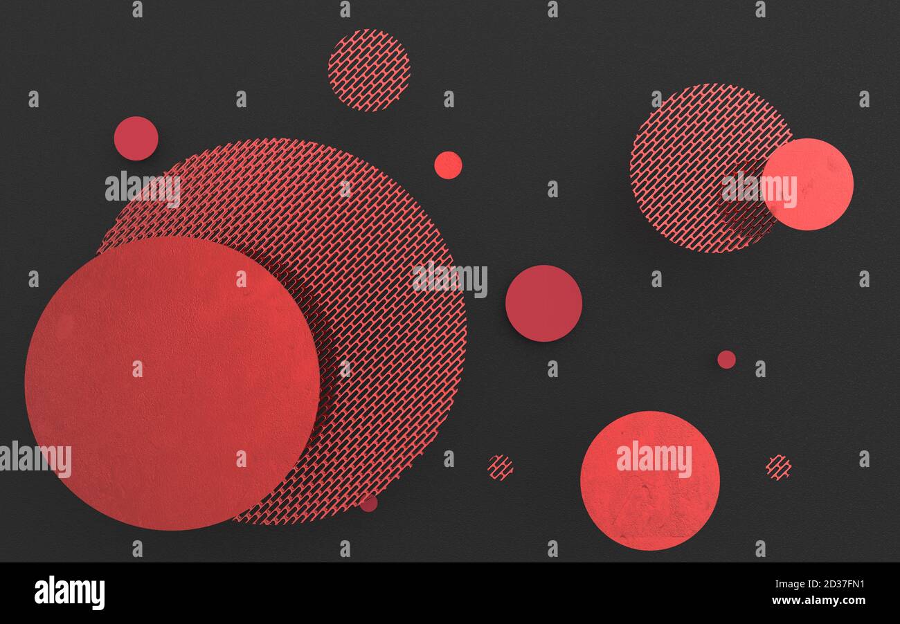 Red metal and opaque circles and cylinders on colored background ...