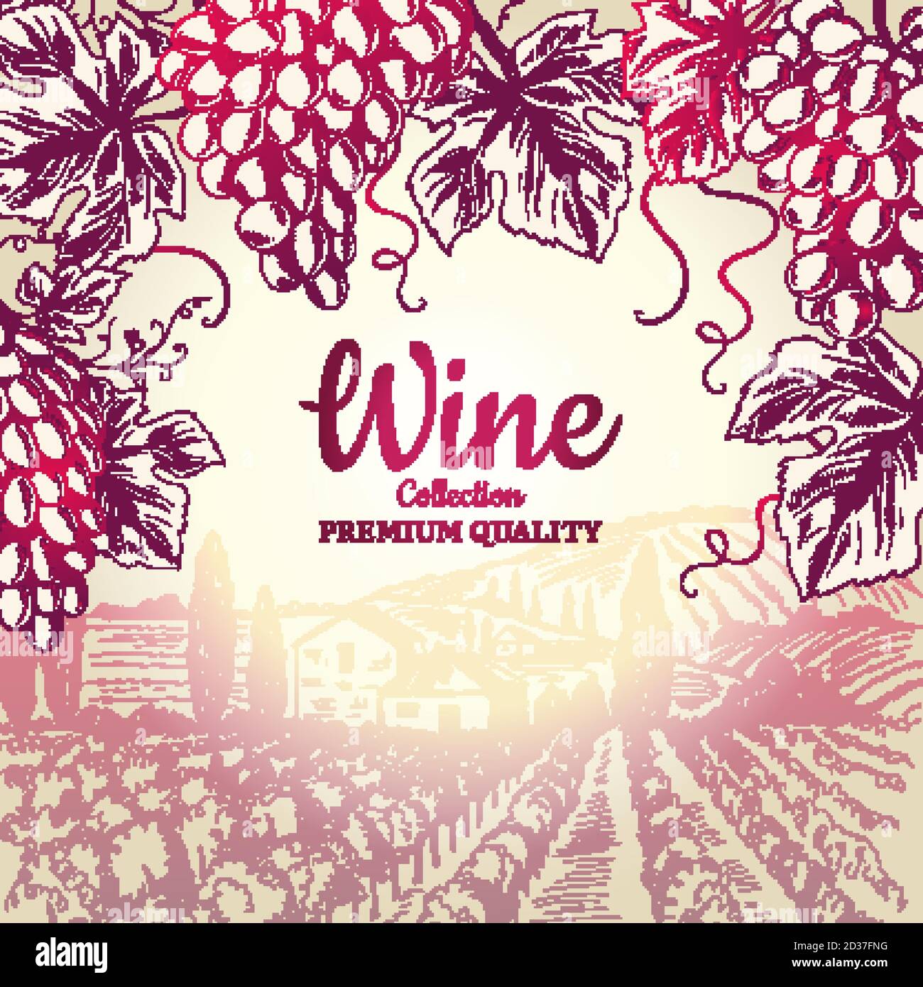 Wine background. Grapes leaves branch bottles corkscrew symbols for ...