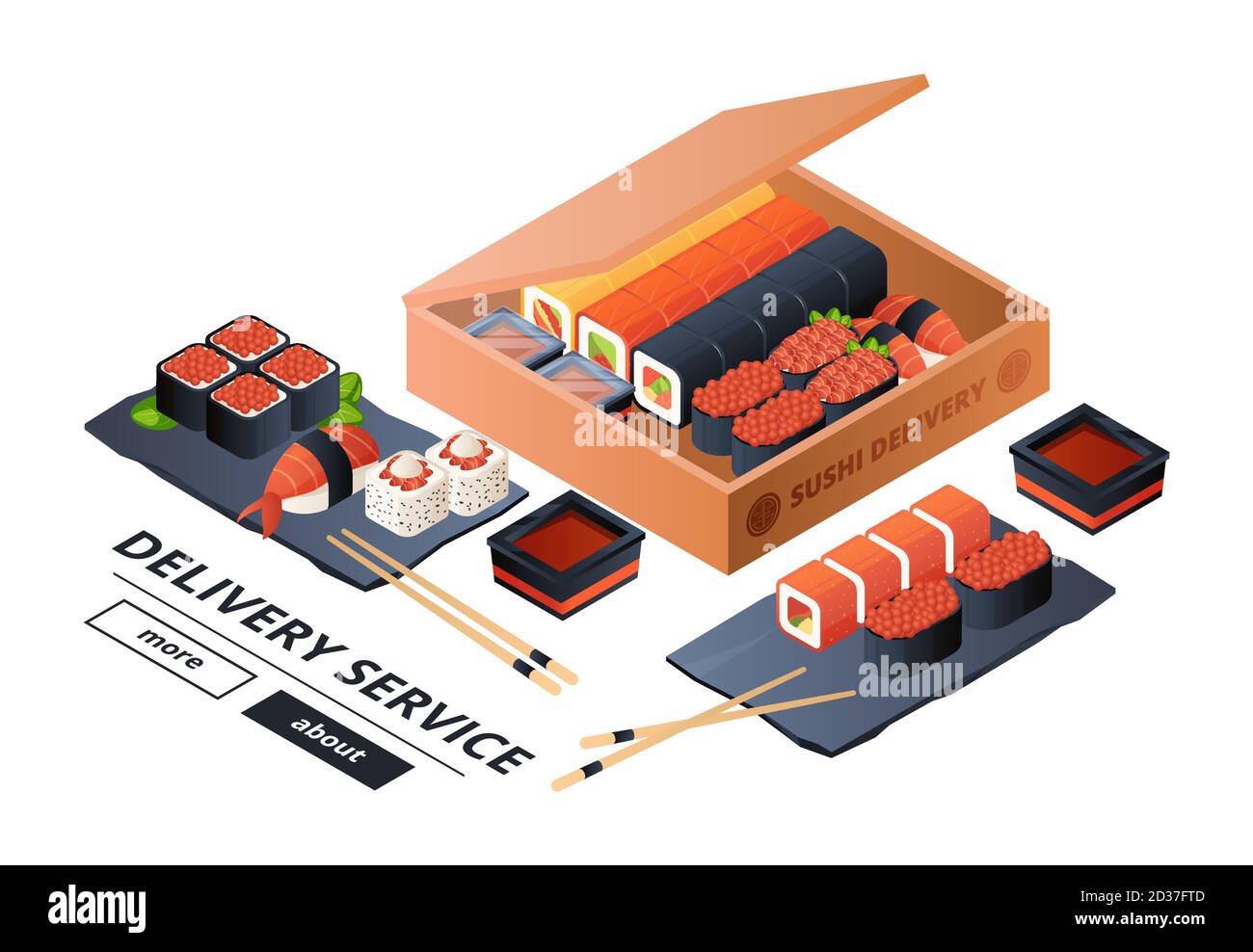 Sushi delivery service vector banner template. Isometric sushi, asian ...
