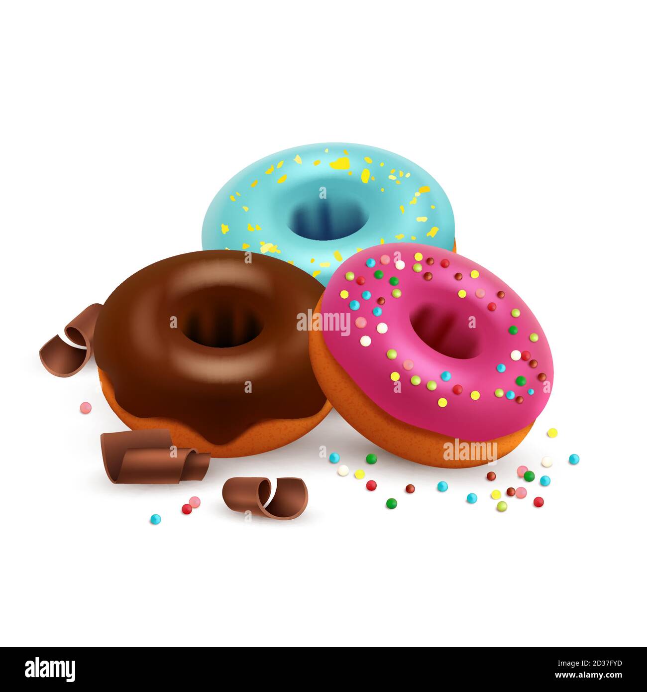 Glazed donuts with colorful bonbons and chocolate vector isolated on ...