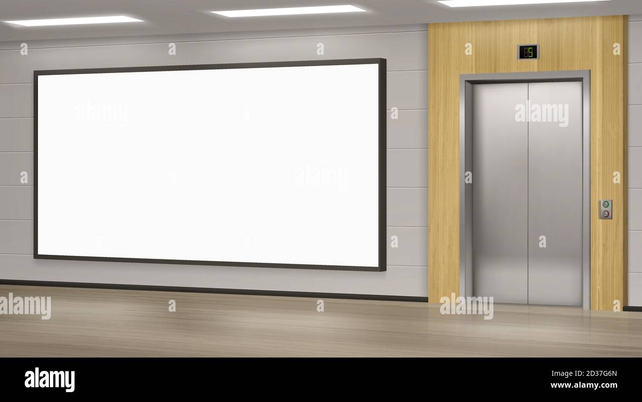 Realistic elevator with close doors and ad poster screen on wall, perspective view mockup ...