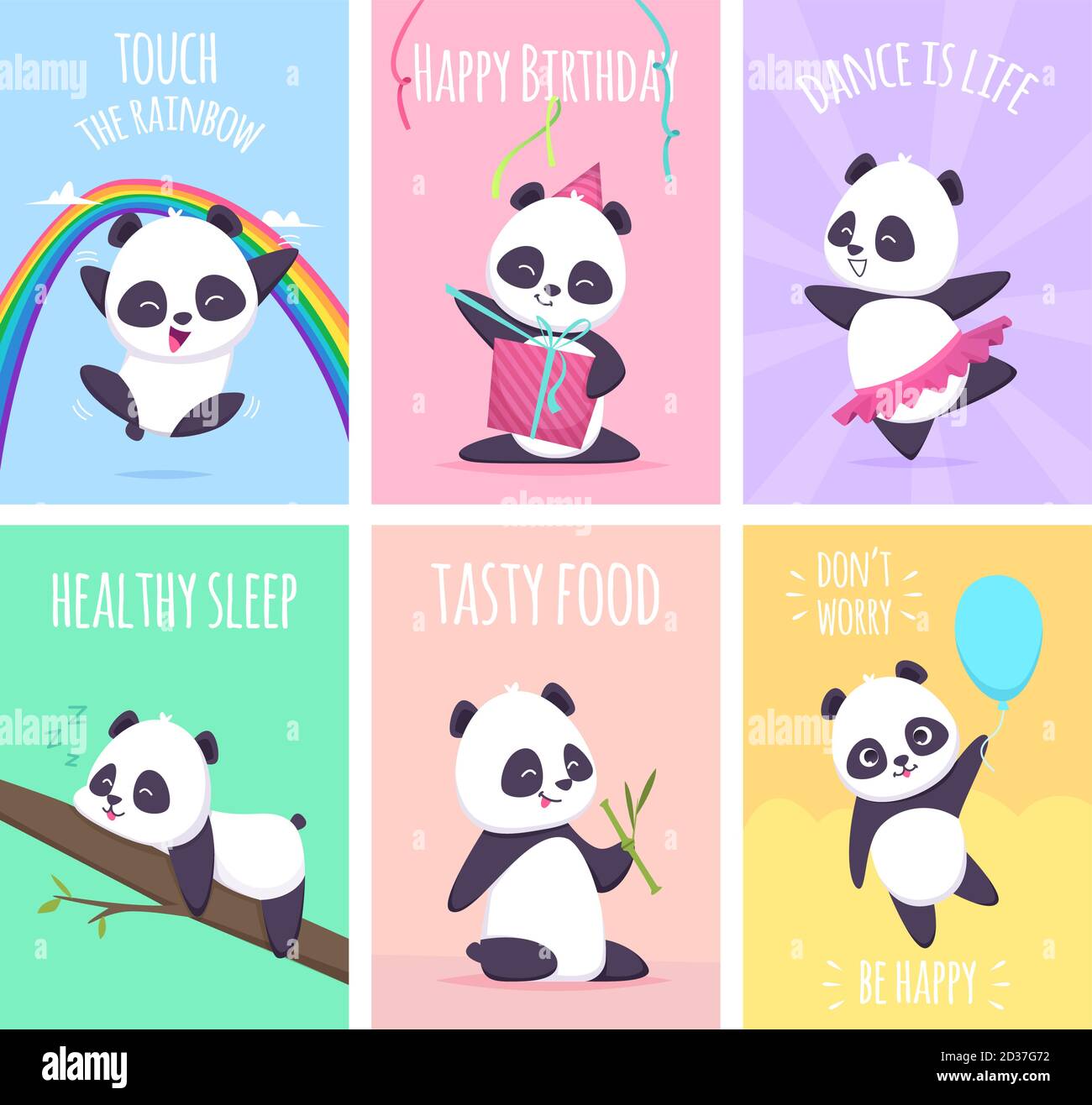 Panda cards. Cute little bear animals cover placard vector templates ...