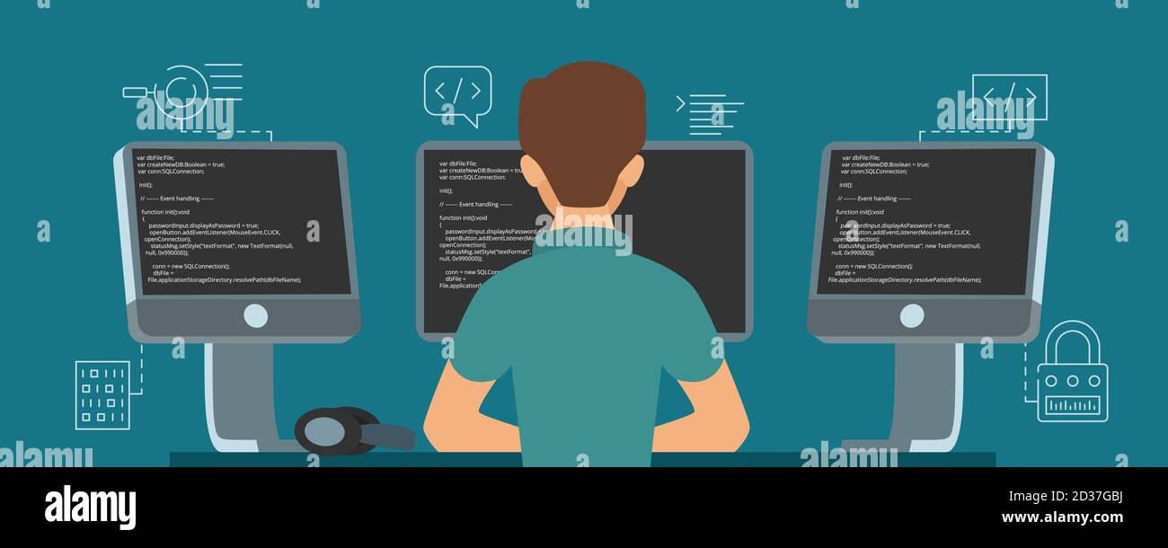 Software developer character. Vector programmer develops code ...