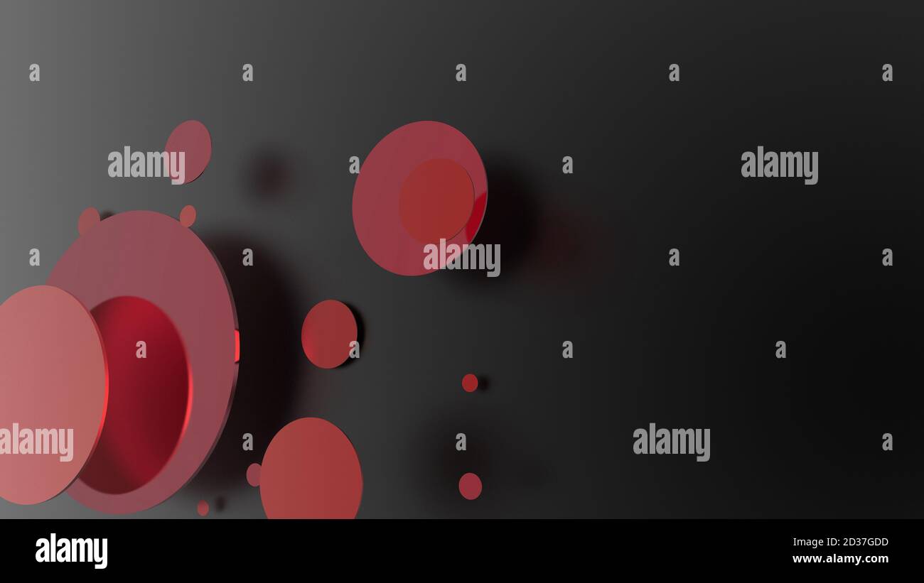Red metal and opaque circles and cylinders on colored background ...