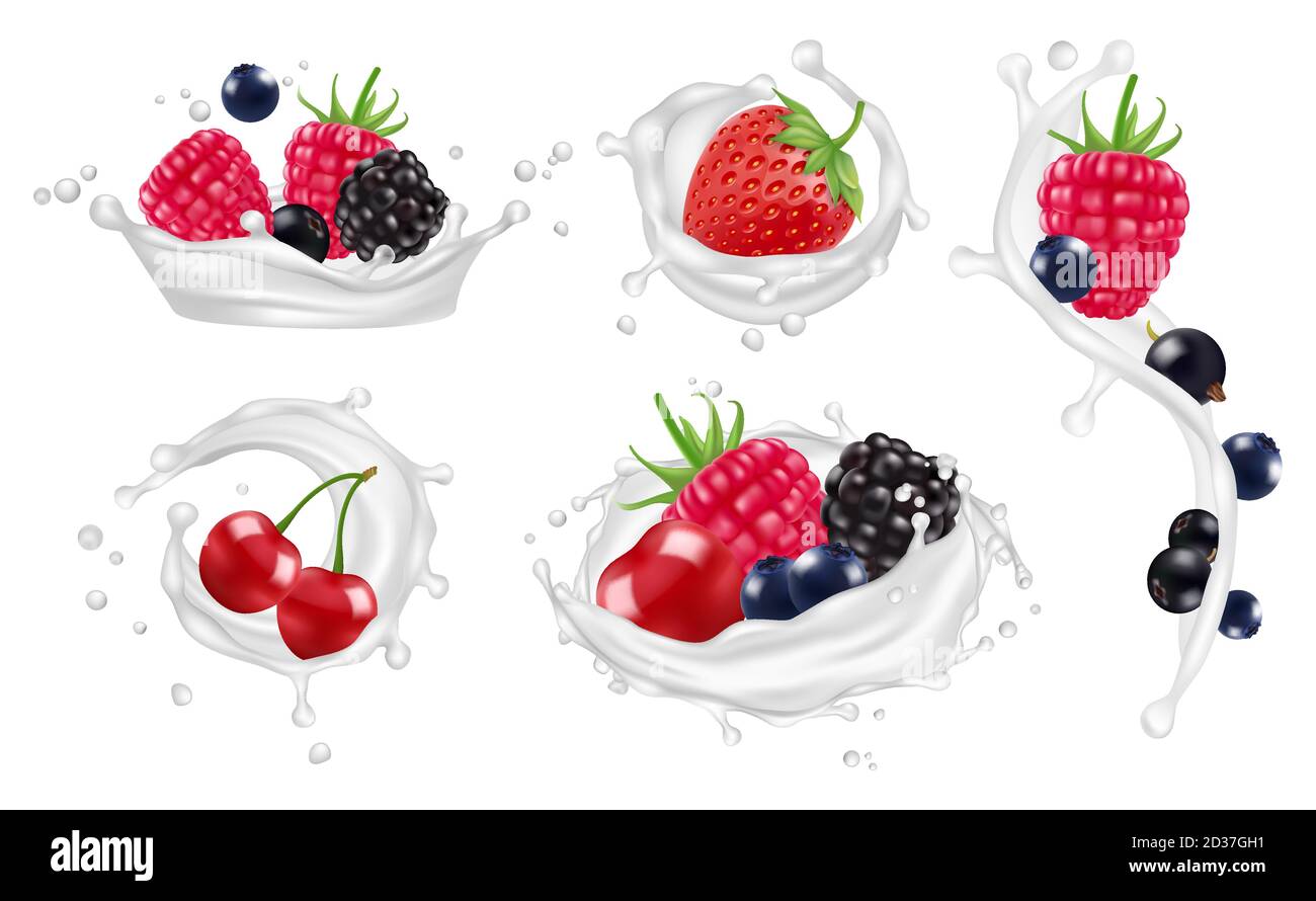 Berries milk splashes vector set. Strawberry, raspberry, blueberry ...